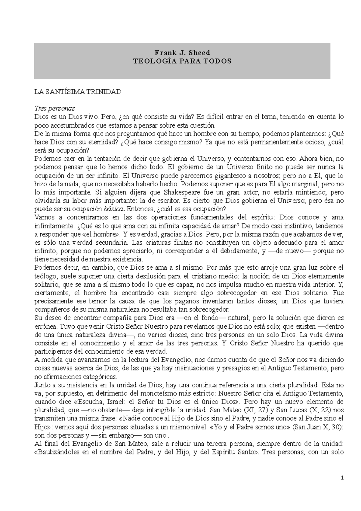 Resumen de "Teología para Todos" de Frank Sheed - La Santísima Trinidad ...
