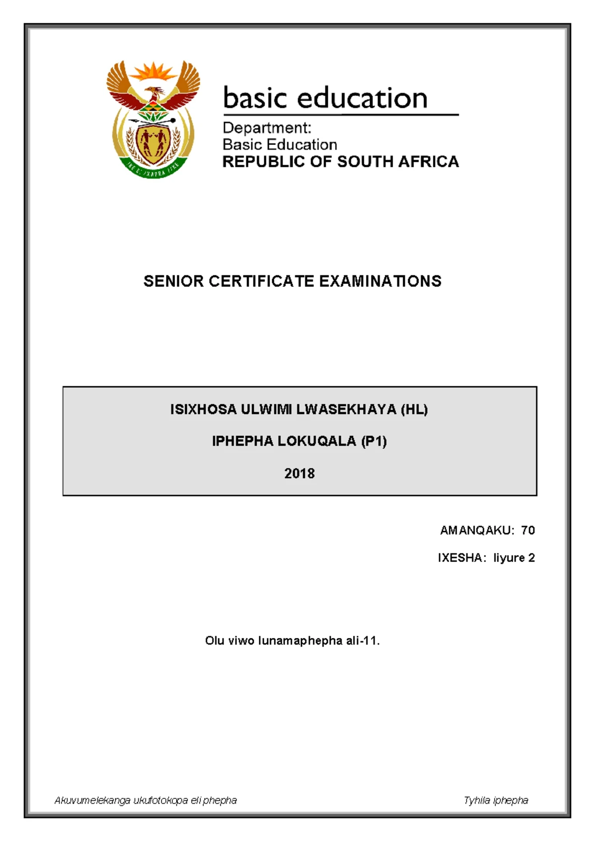 Grade 11 Xhosa P2 2023 Past Paper Study Guide Studocu