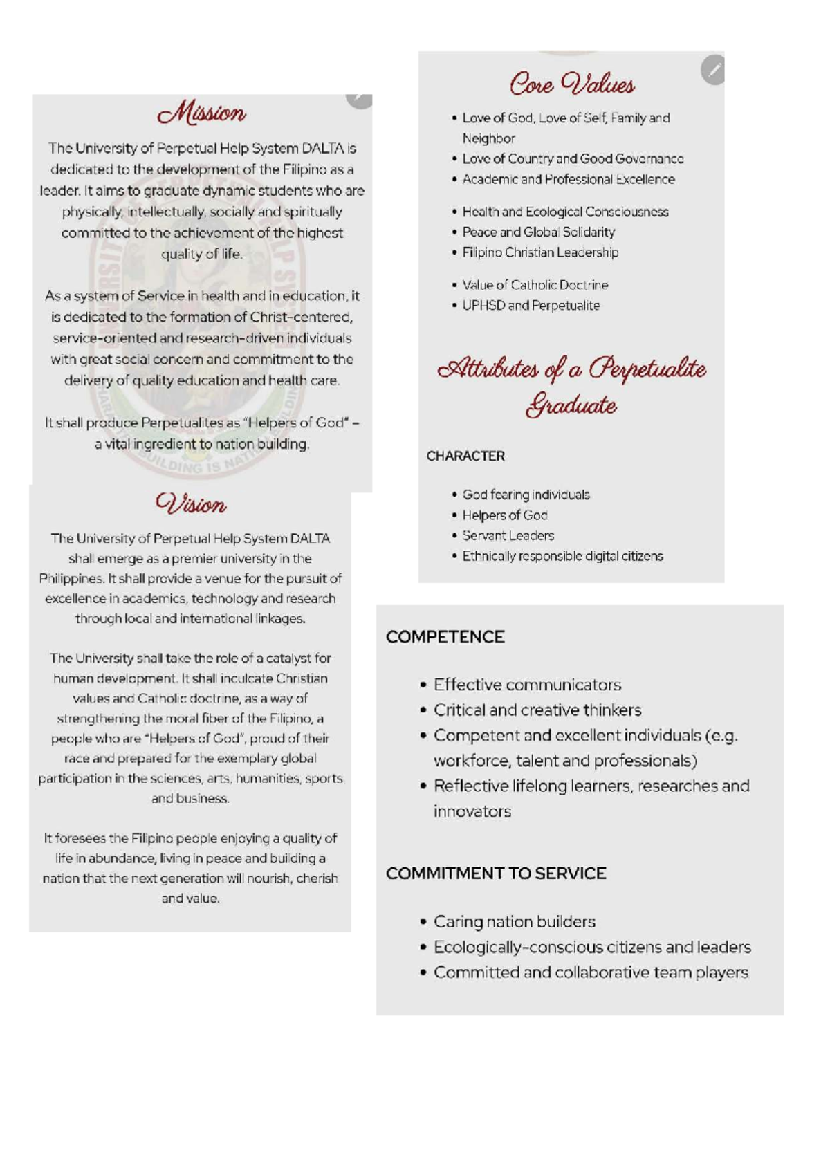 UPHSD Mission & Vision: Core Values for Filipino Excellence - Studocu