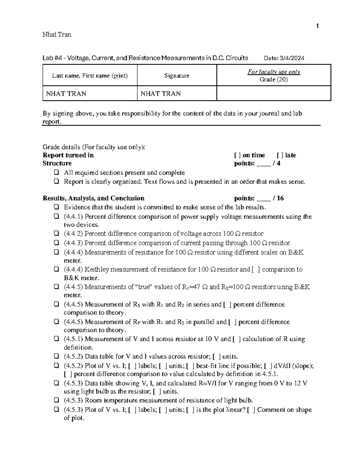 Lab 4 Report: Voltage, Current & Resistance in D.C. Circuits - Studocu