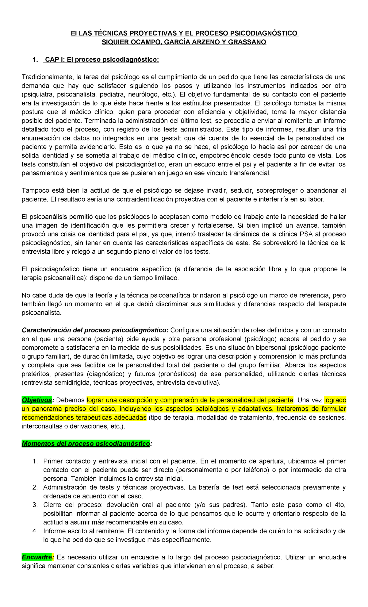 Técnicas Proyectivas y Psicodiagnóstico - Siquier Ocampo, García Arzeno y Grassano - Studocu