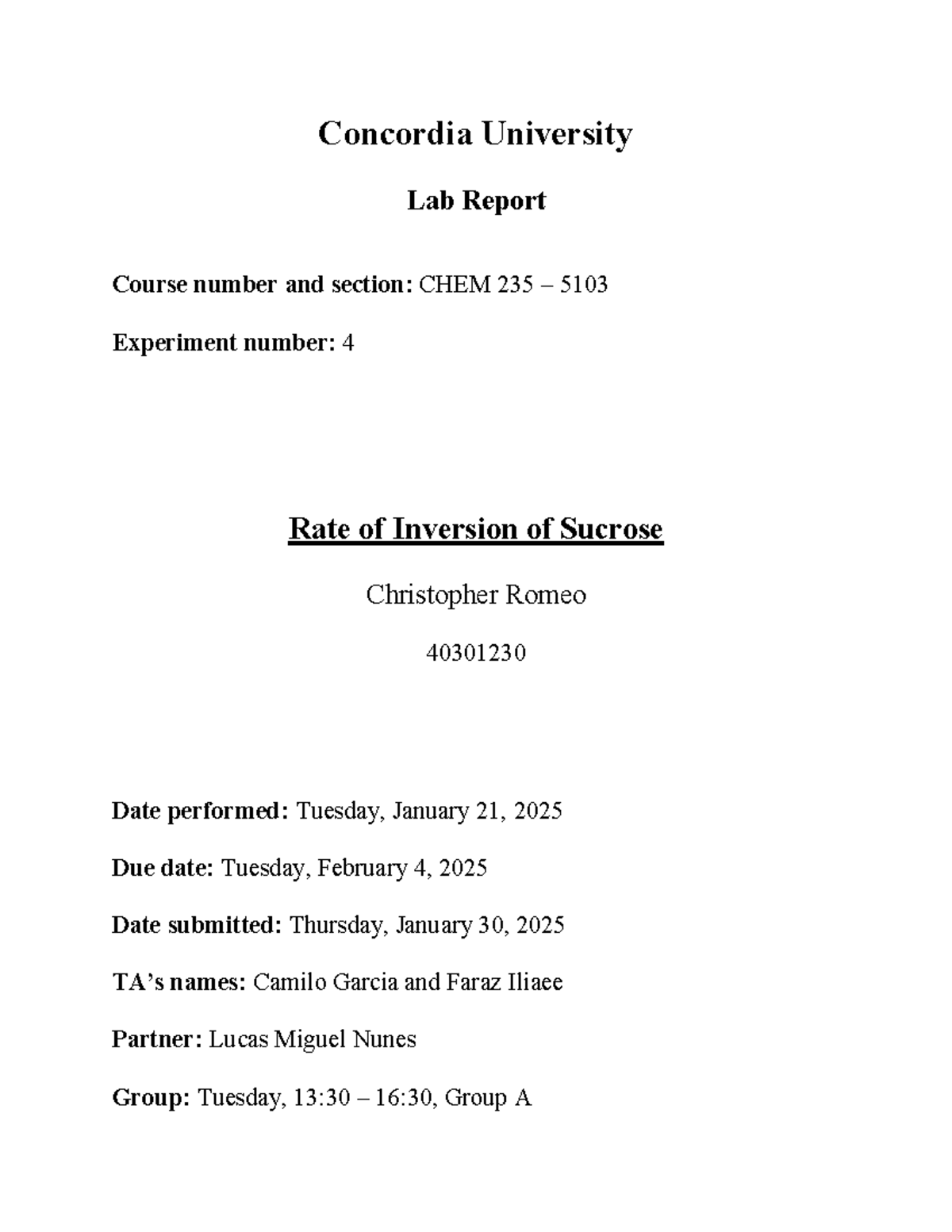 CHEM 235 Lab Report: Rate of Inversion of Sucrose Experiment 4 - Studocu