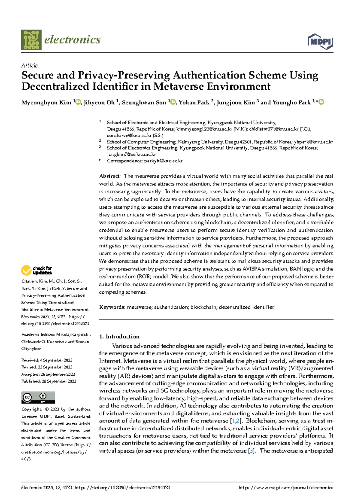 Secure Authentication Scheme Using Decentralized Identifiers in ...