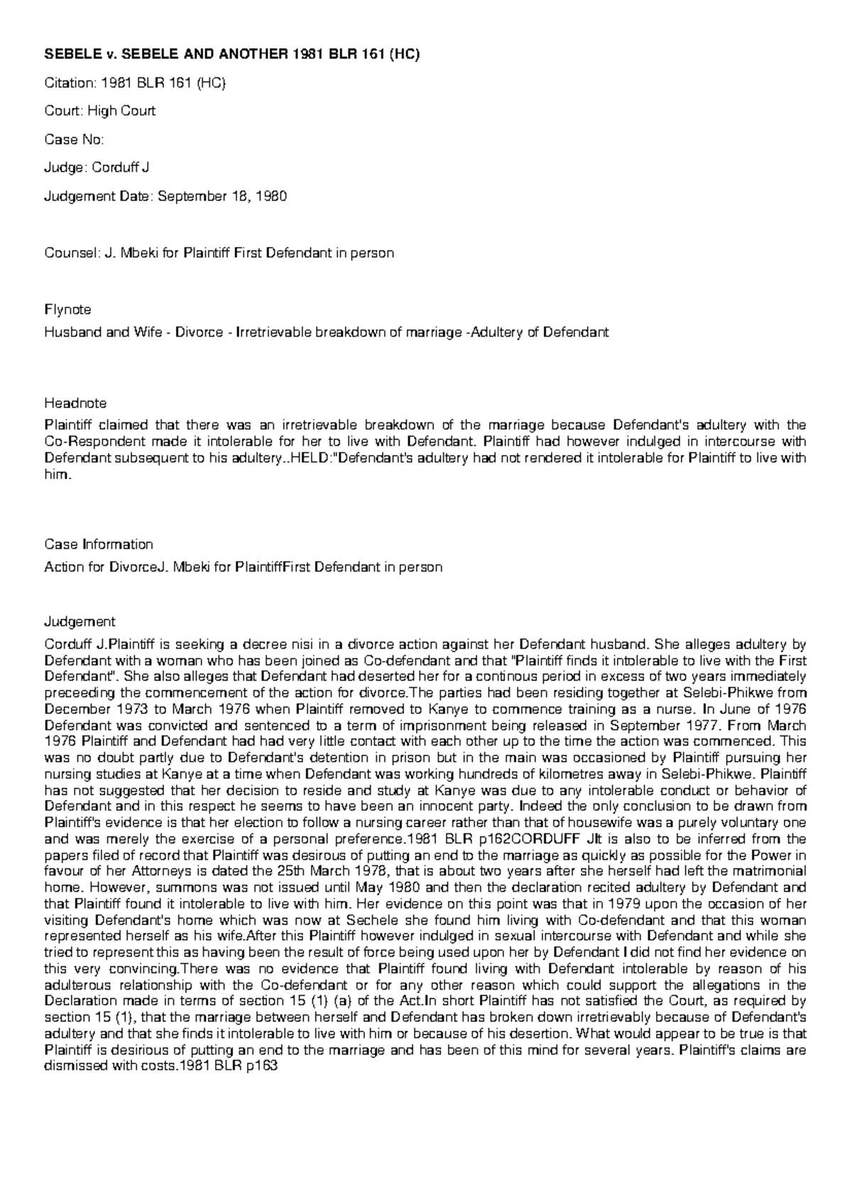 SEBELE v. SEBELE: 1981 High Court Divorce Case Analysis - Studocu