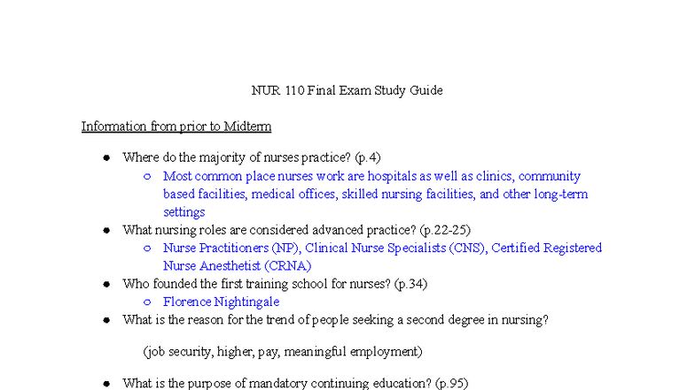NUR 110 Final Exam Study Guide: Key Concepts & Nursing Roles - Studocu