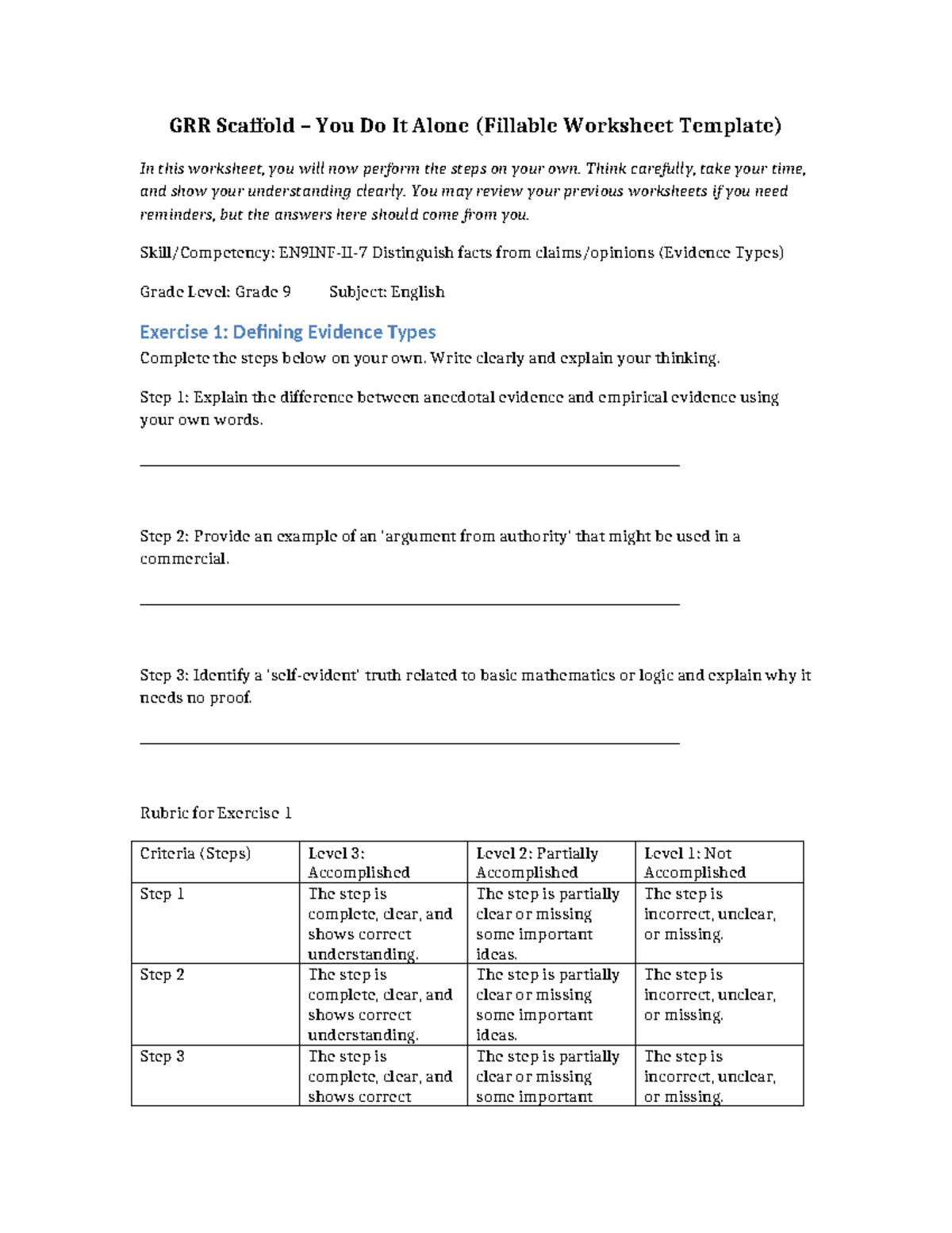 GRR Scaffold Worksheet (Grade 9 English) - You Do It Alone - Studocu