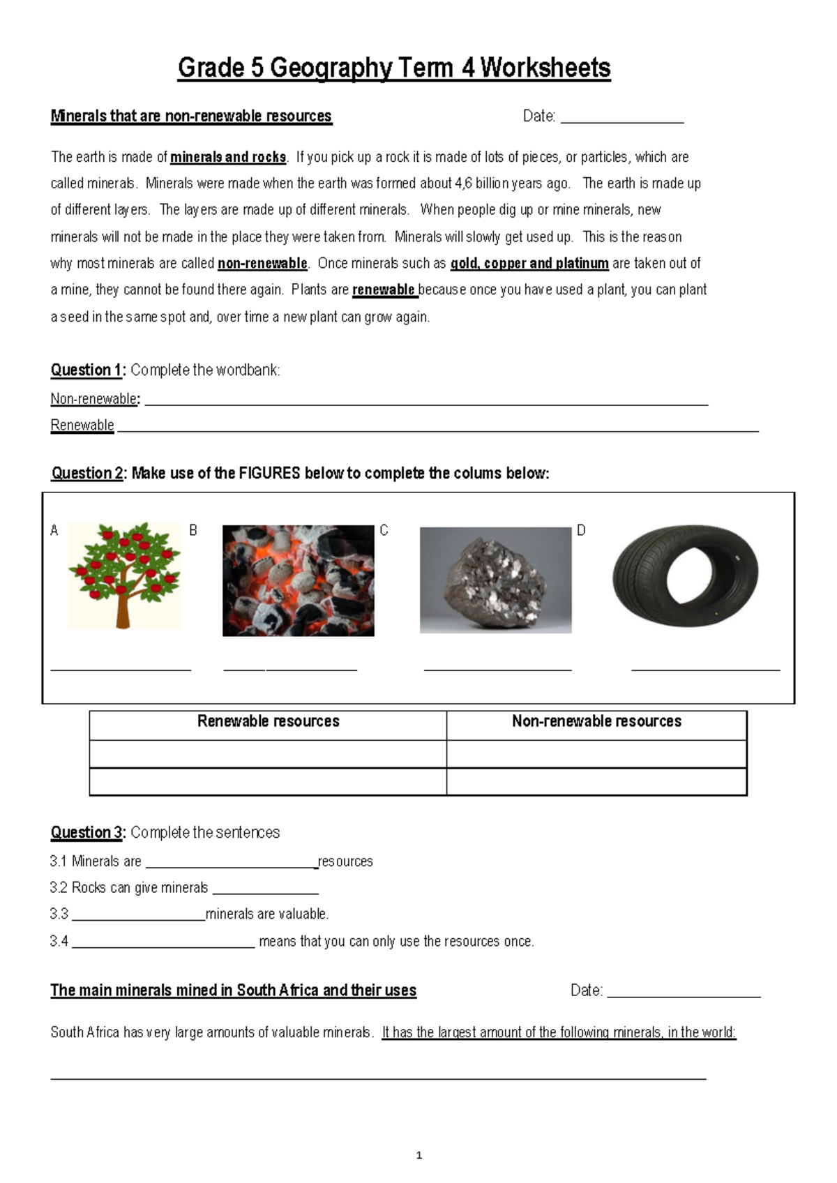 Gr.5 Geography Term 4 Non-Renewable Resources Worksheets - Studocu