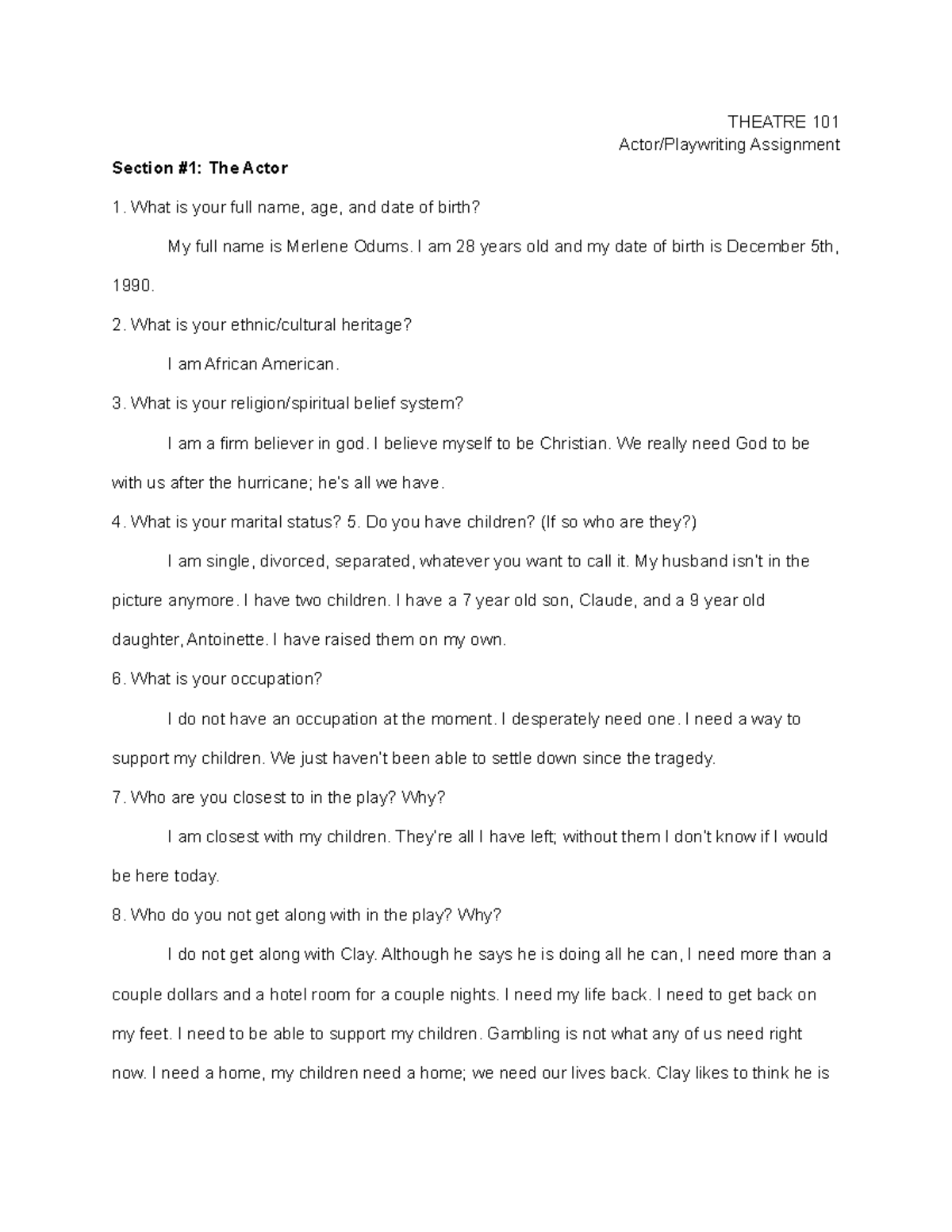 THEATRE 101: Actor/Playwriting Assignment Analysis and Insights - Studocu