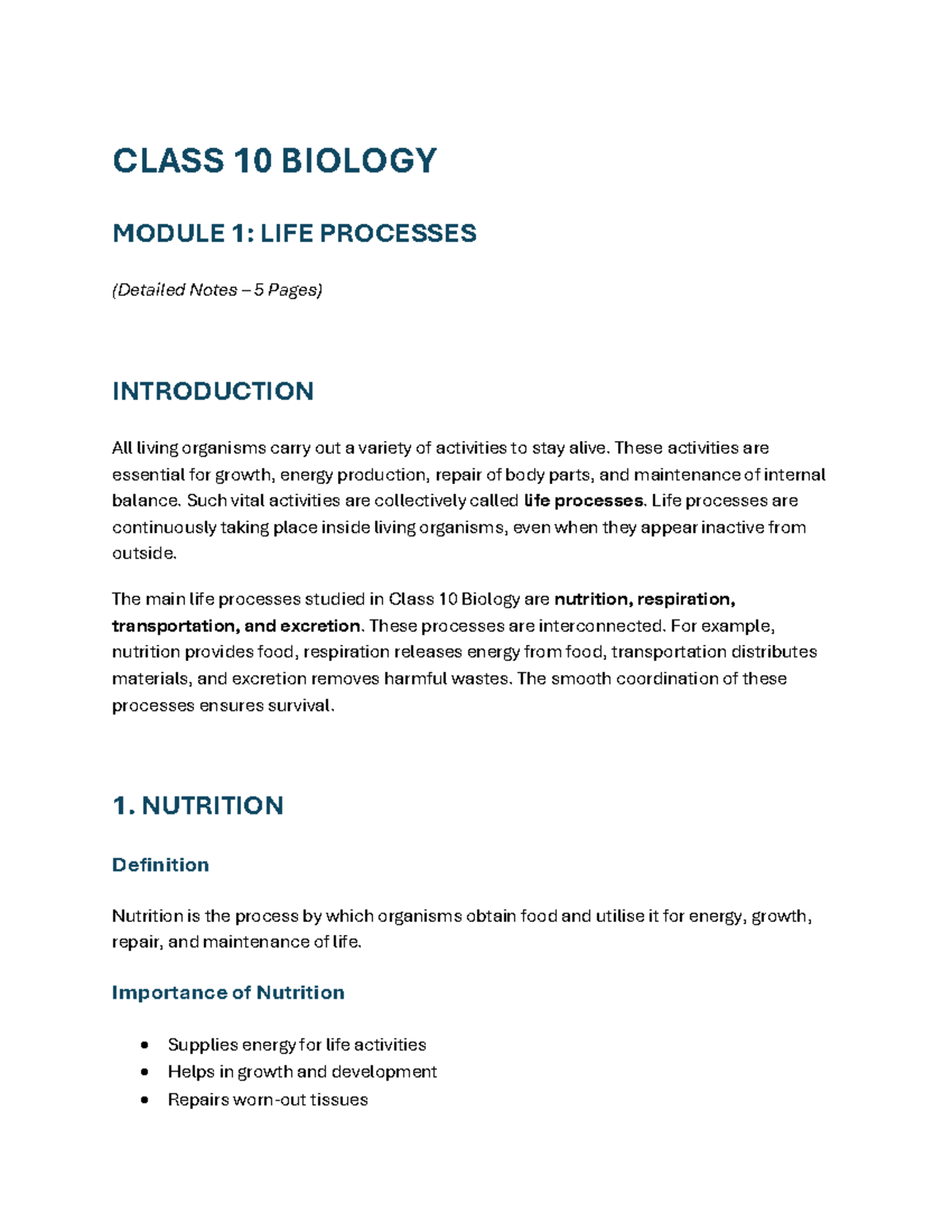 Class 10 Biology Module 1: Life Processes - Detailed Notes - Studocu
