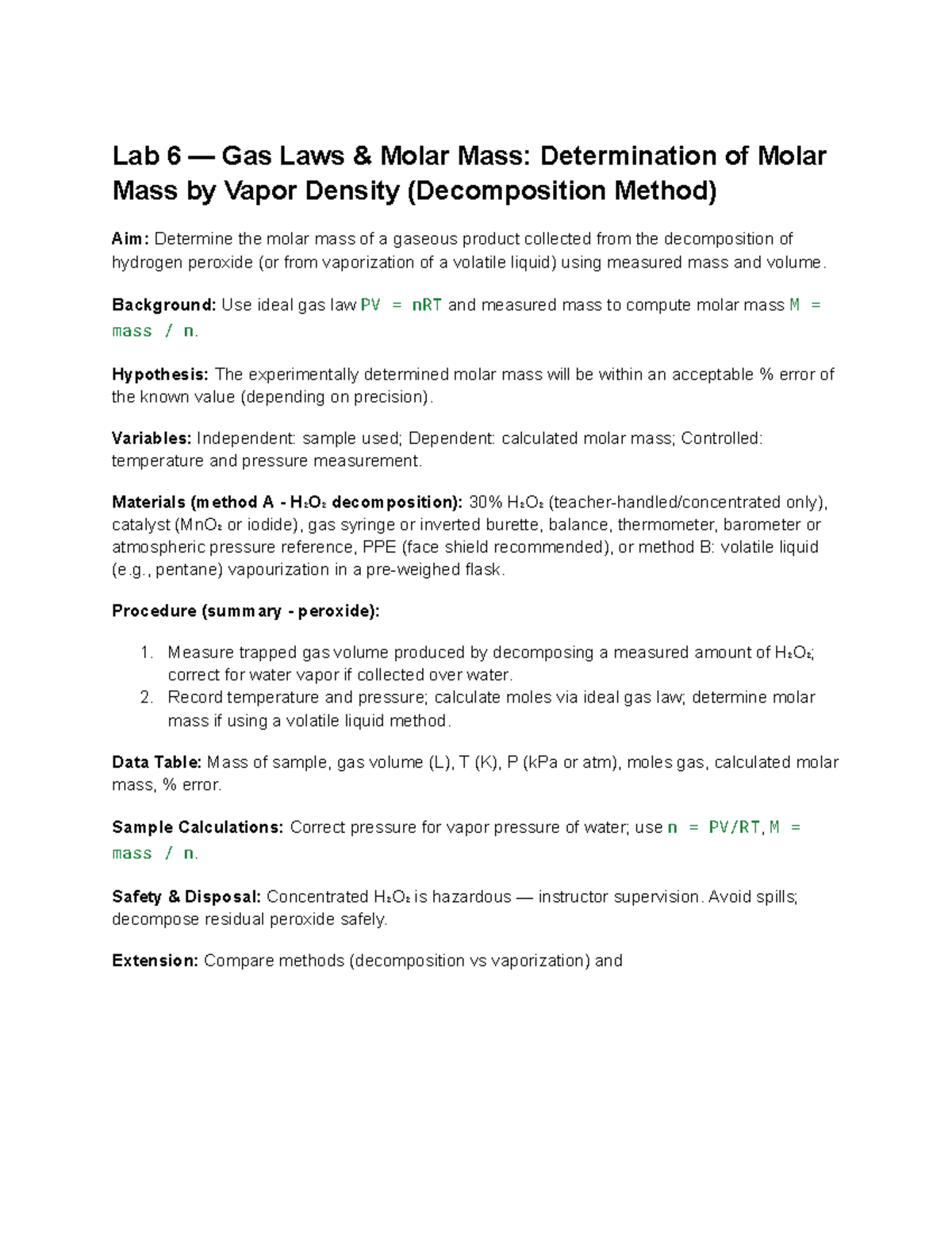 Lab 6: Gas Laws & Molar Mass Determination via Vapor Density Method ...