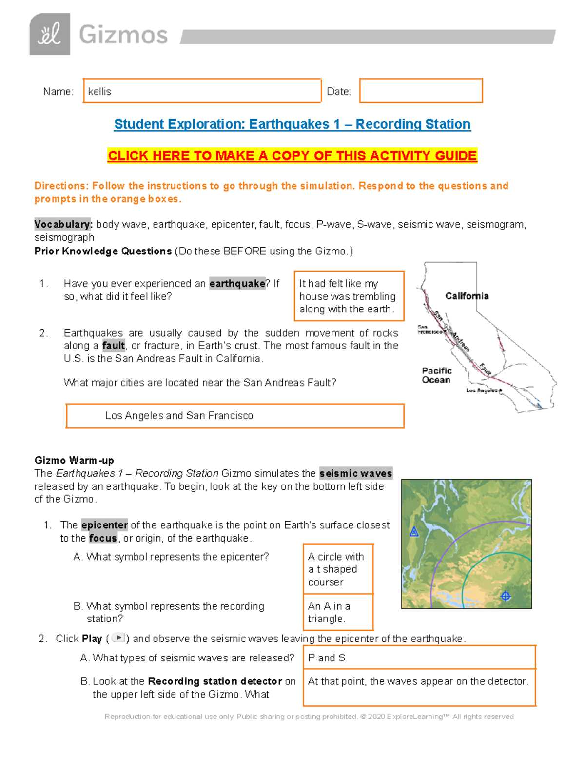 Earthquakes 1 Exploration SE: Gizmo Recording Activity Guide - Studocu