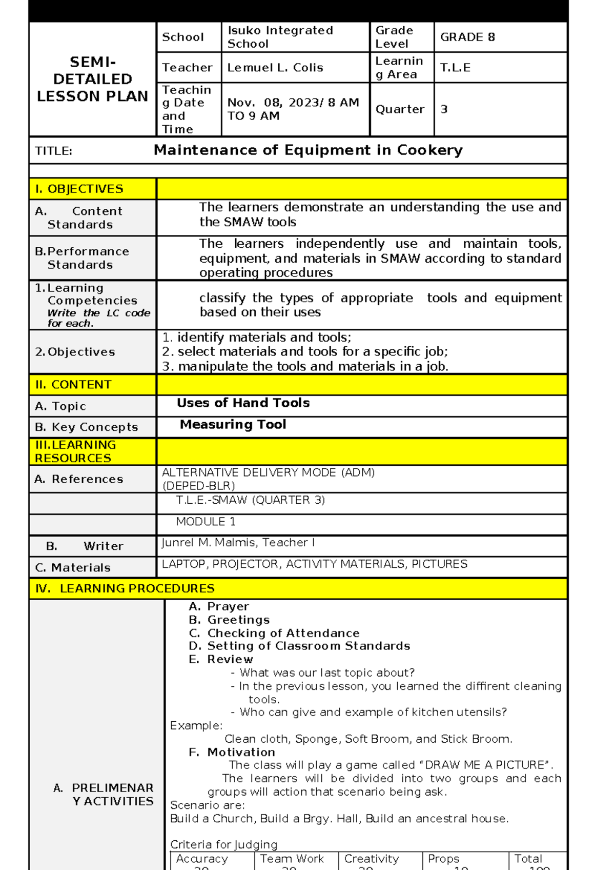 COT-1-2024: Detailed Lesson Plan for Grade 8 T.L.E. Cookery - Studocu