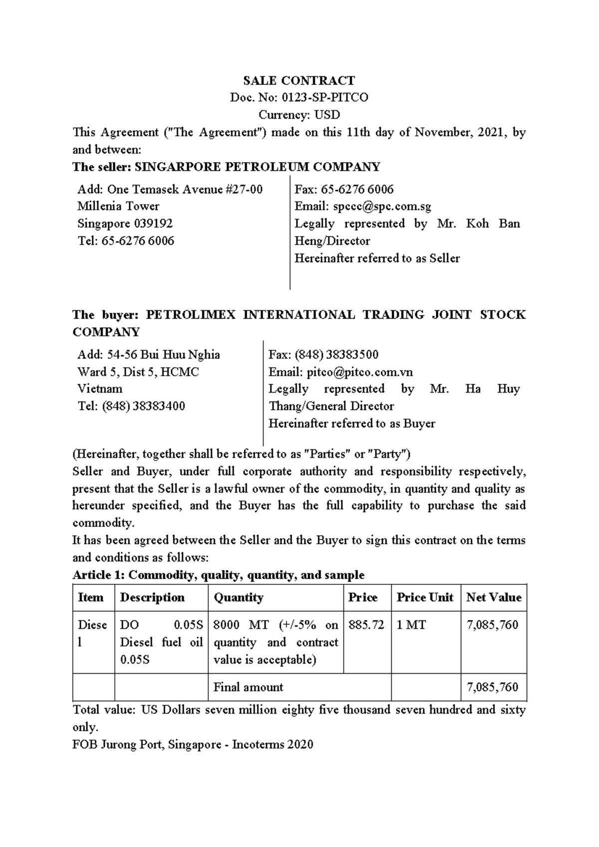 SALE CONTRACT GDTM - Diesel Fuel Oil 0.05S Agreement - Studocu