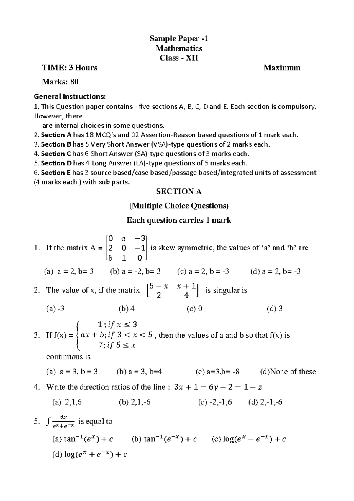 Sample Papers maths - Very nice - Sample Paper - Mathematics Class ...