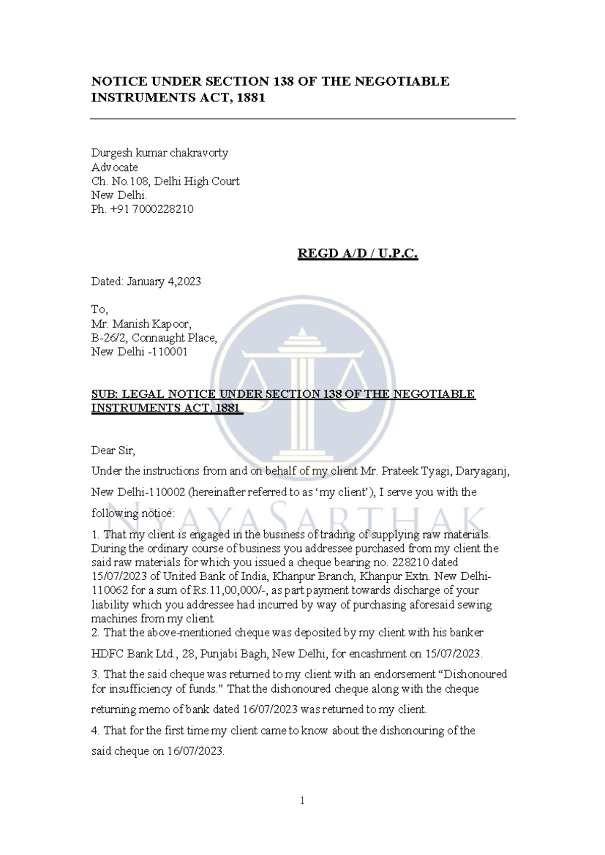 Legal Notice Under Section 138 of NI Act, 1881 - Studocu