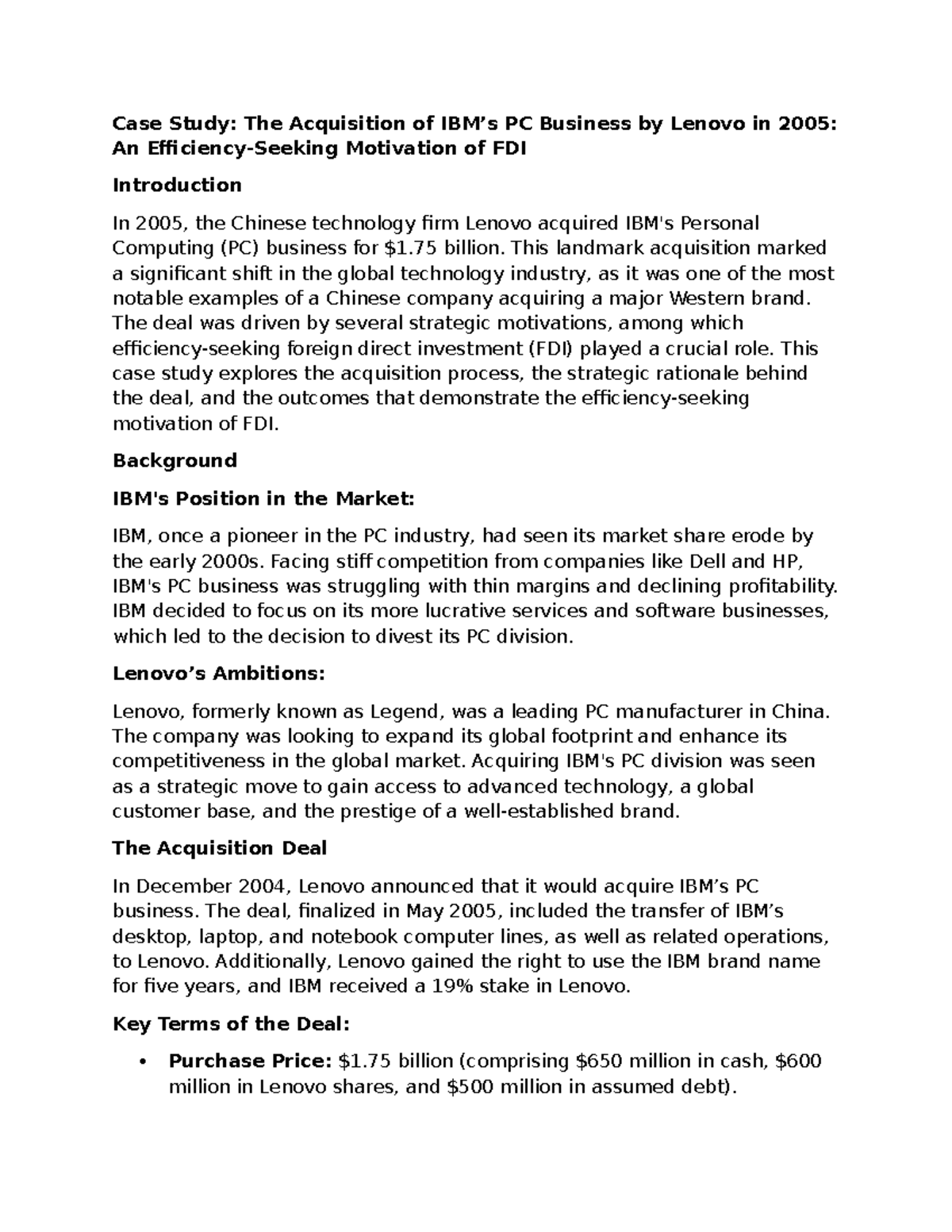 Case Study: Lenovo's 2005 Acquisition of IBM's PC Business (CS.W2) - Studocu