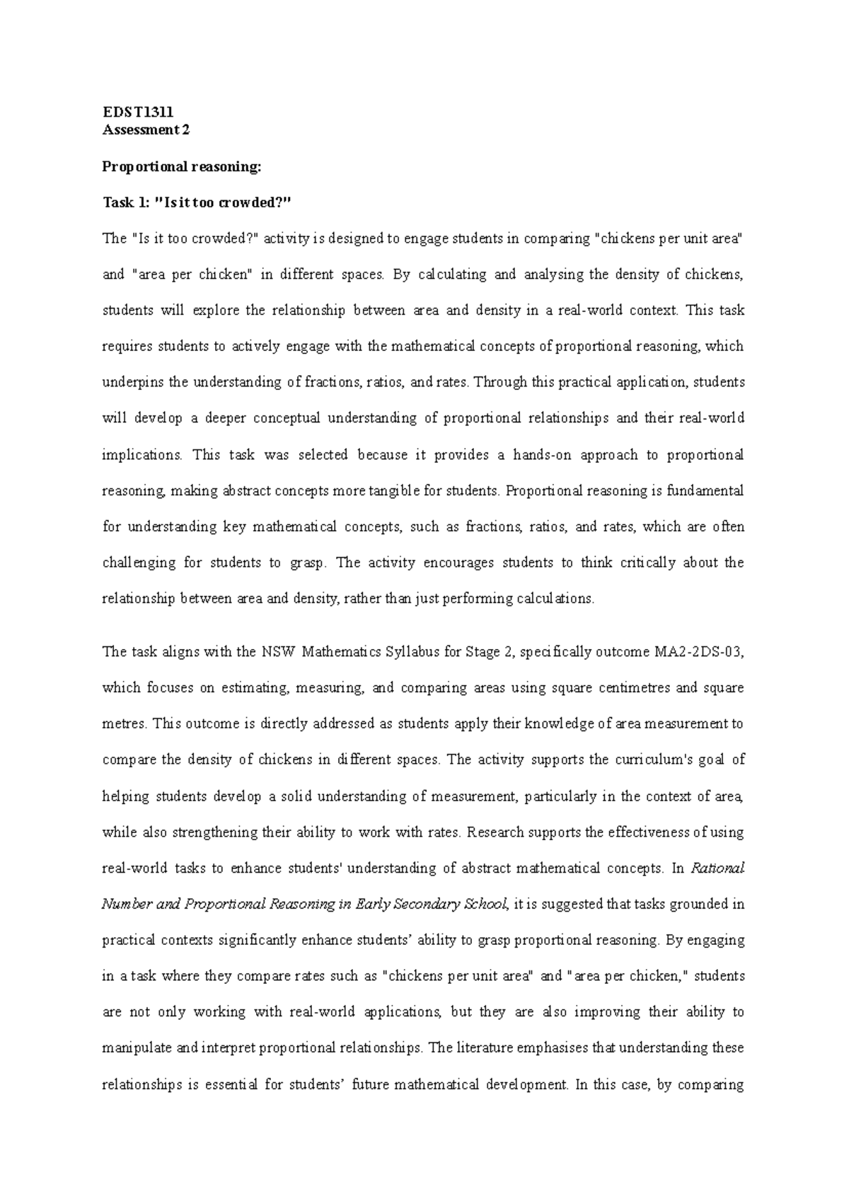 A2 EDST1311 - Proportional Reasoning Assessment 2 Tasks Overview - Studocu