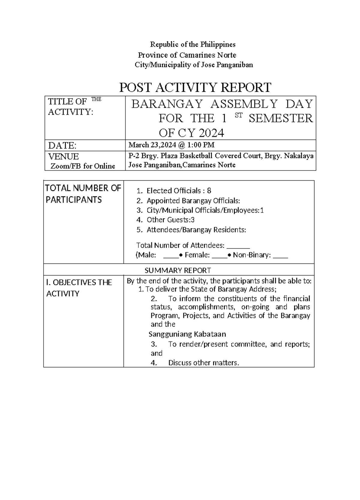 POST Activity Report: Barangay Assembly for 1st Semester 2024 - Studocu
