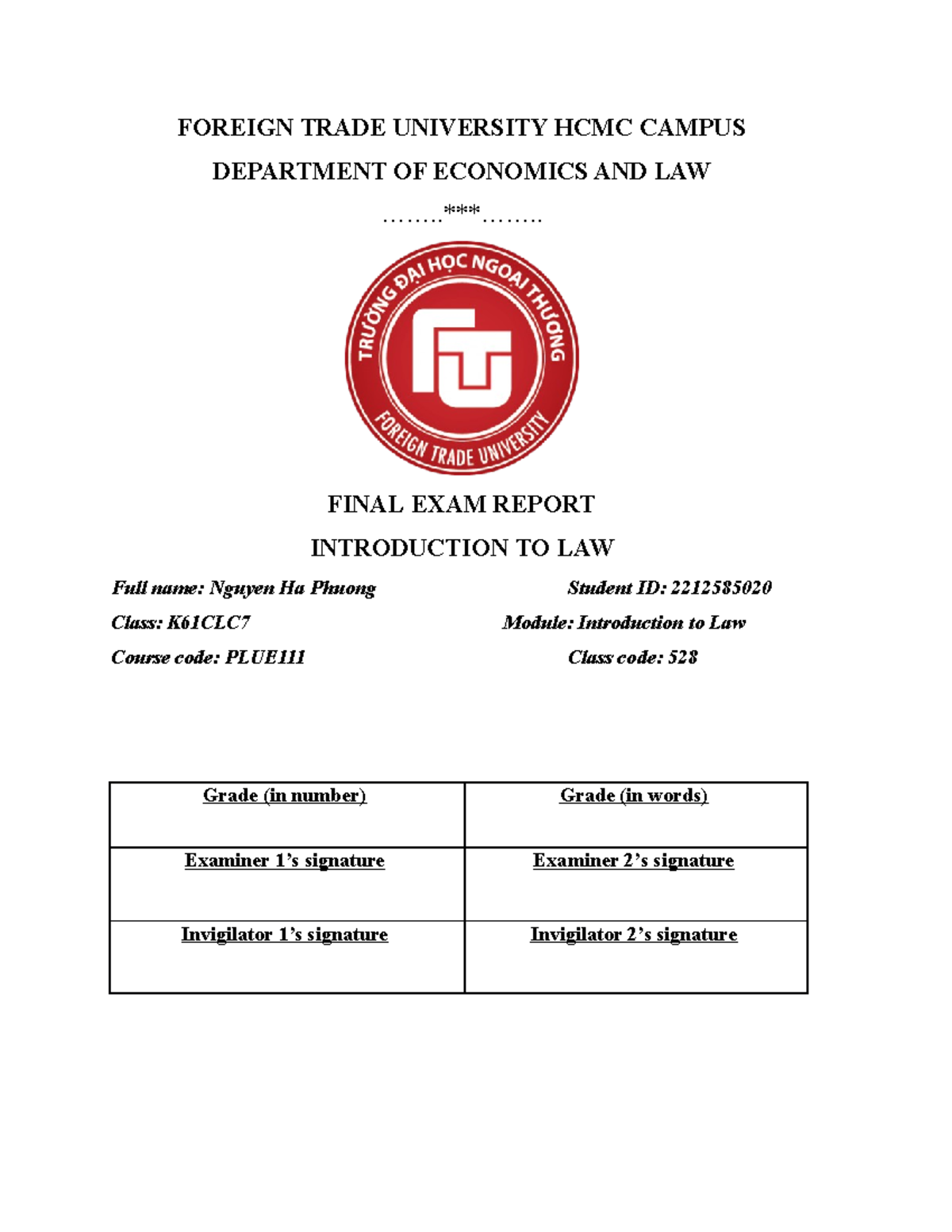 Final Exam Report on PLUE111 - Introduction to Law by Nguyen Ha Phuong ...