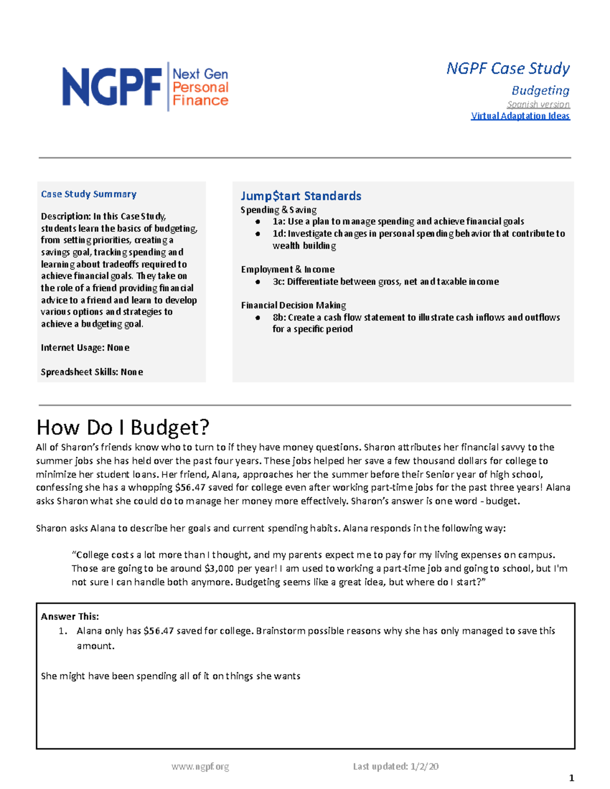 NGPF Case Study: How to Budget Effectively for Financial Success - Studocu
