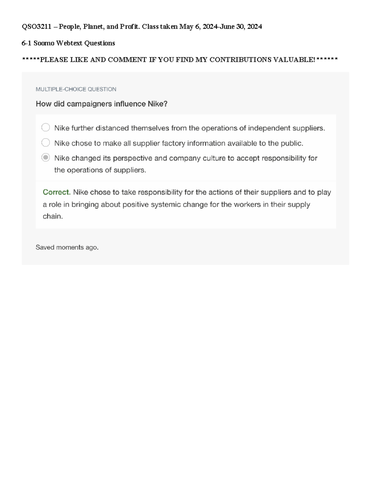 QSO321 6-1 Soomo Questions - QSO 321 - QSO3211 – People, Planet, and Profit. Class taken May 6 ...