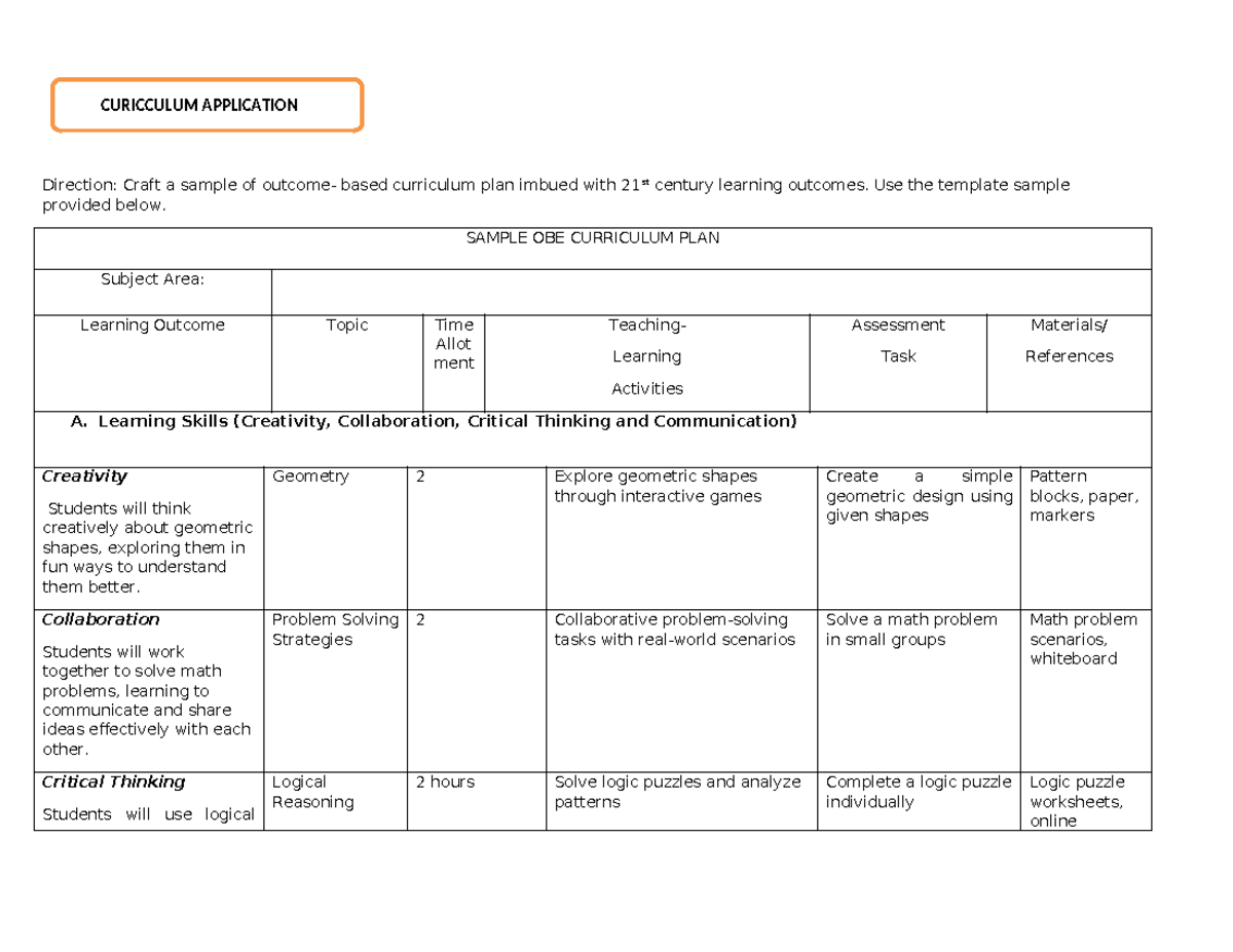 Outcome-Based Curriculum Plan for 21st Century Learning - Studocu