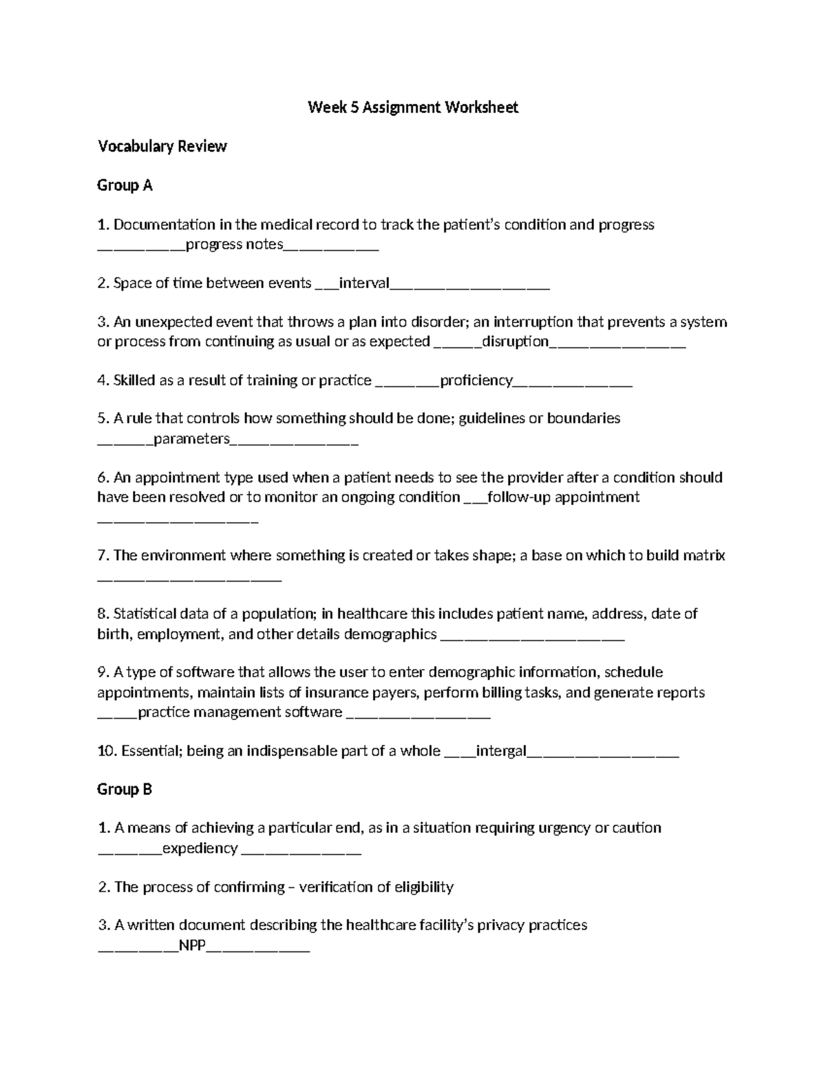 Week 5 Assignment Worksheet: Vocabulary & Appointment Scheduling - Studocu