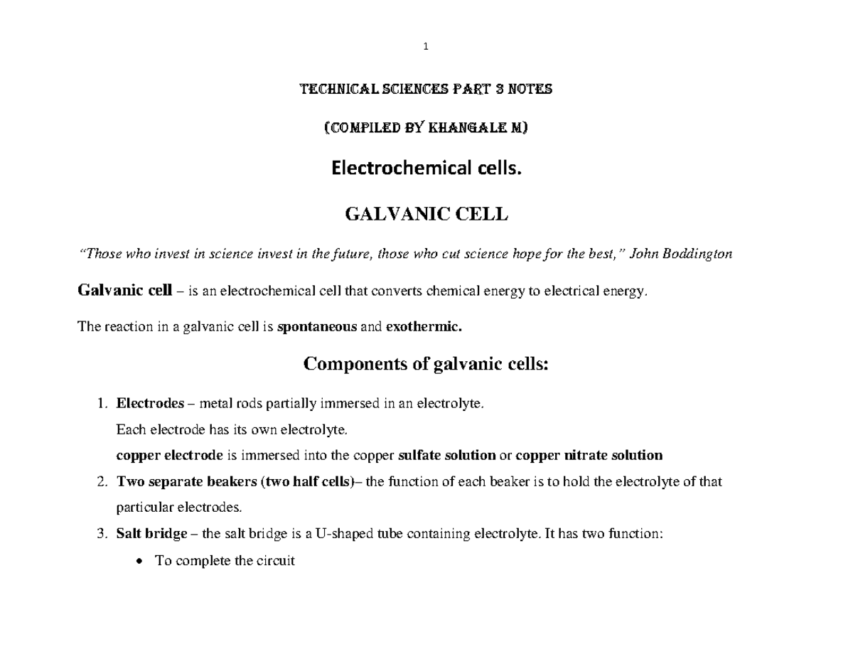 Galvanic Cell Notes (Technical Sciences Part 3) - Studocu