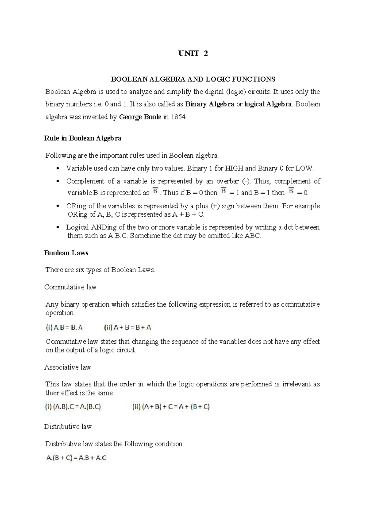 UNIT 2de - Boolean algebra and its minimization - UNIT 2 BOOLEAN ALGEBRA AND LOGIC FUNCTIONS ...