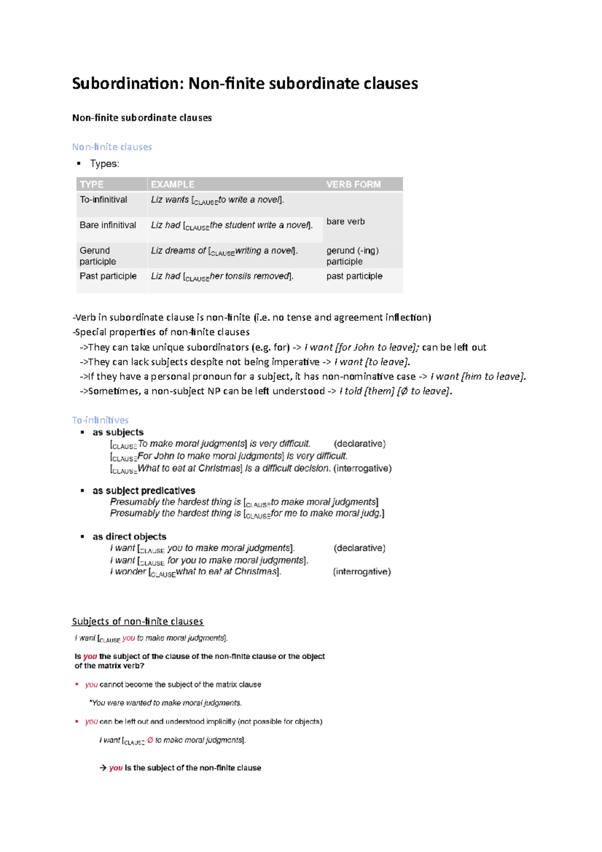 Non-finite Subordinate Clauses: Key Concepts and Examples - Studocu