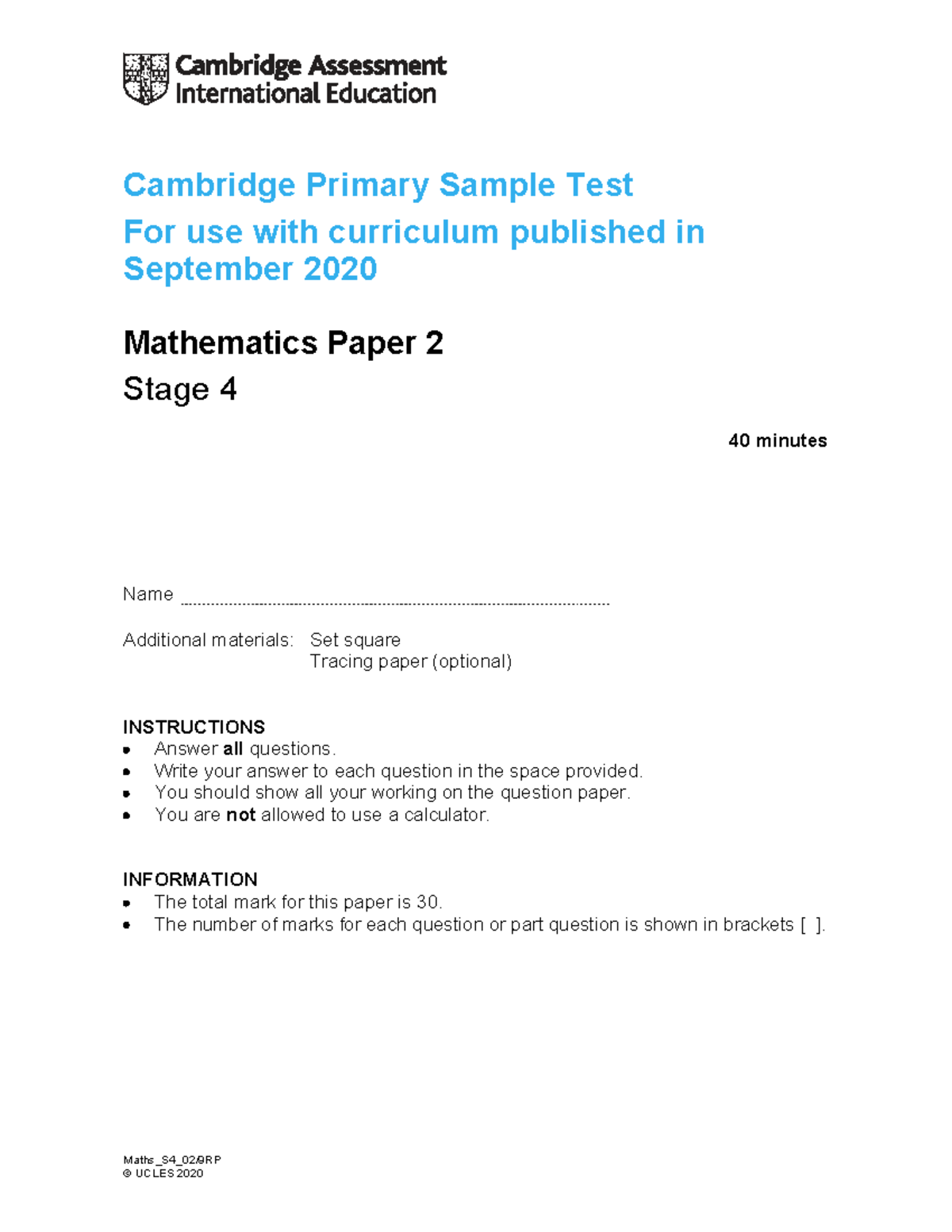 2020 Cambridge Primary Maths Sample Test Paper 2 Stage 4 - Studocu