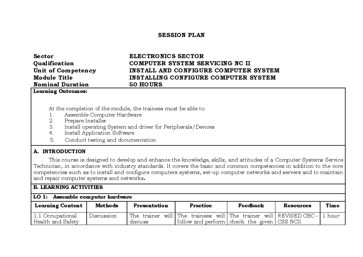 Session PLAN - SESSION PLAN Sector ELECTRONICS SECTOR Qualification COMPUTER SYSTEM SERVICING NC ...