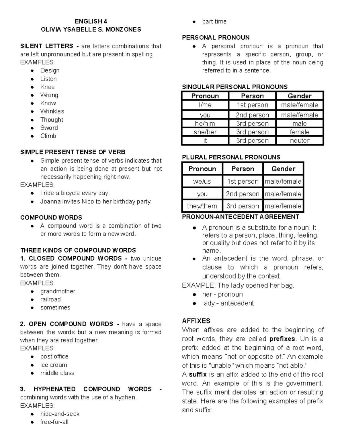 English 4 - Notes on Silent Letters, Tenses, and Pronouns - Studocu