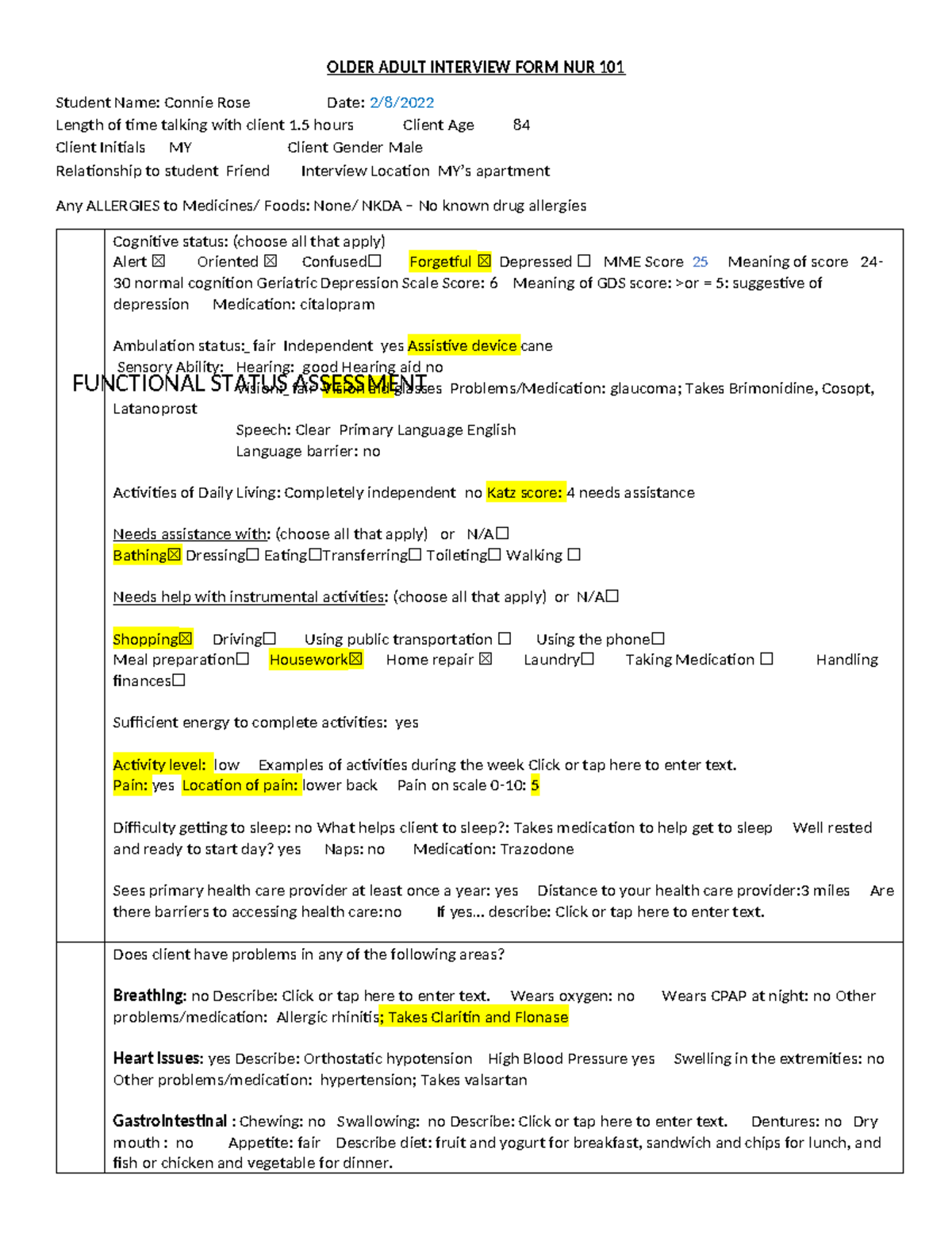 Example Older Adult Interview NUR 101 Mr Ying 2 - OLDER ADULT INTERVIEW ...