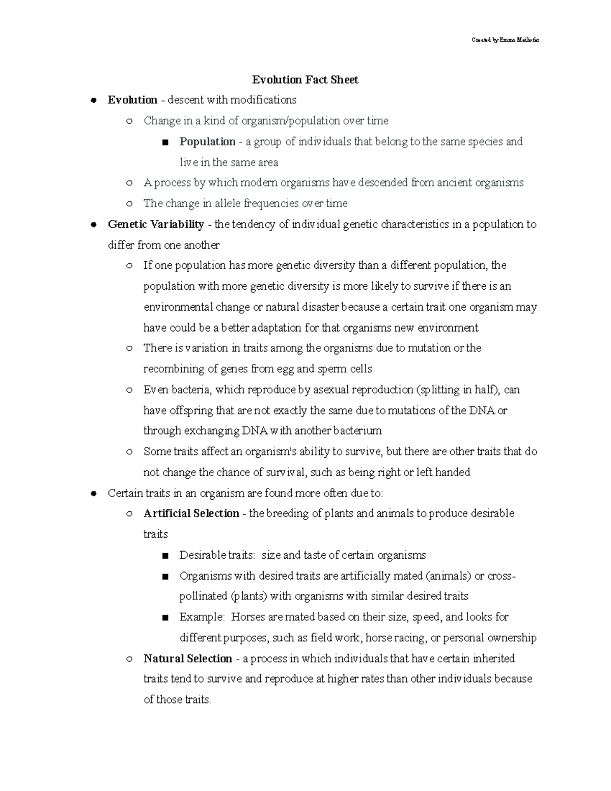 Biology Evolution Fact Sheet - Evolution Fact Sheet Evolution - descent ...