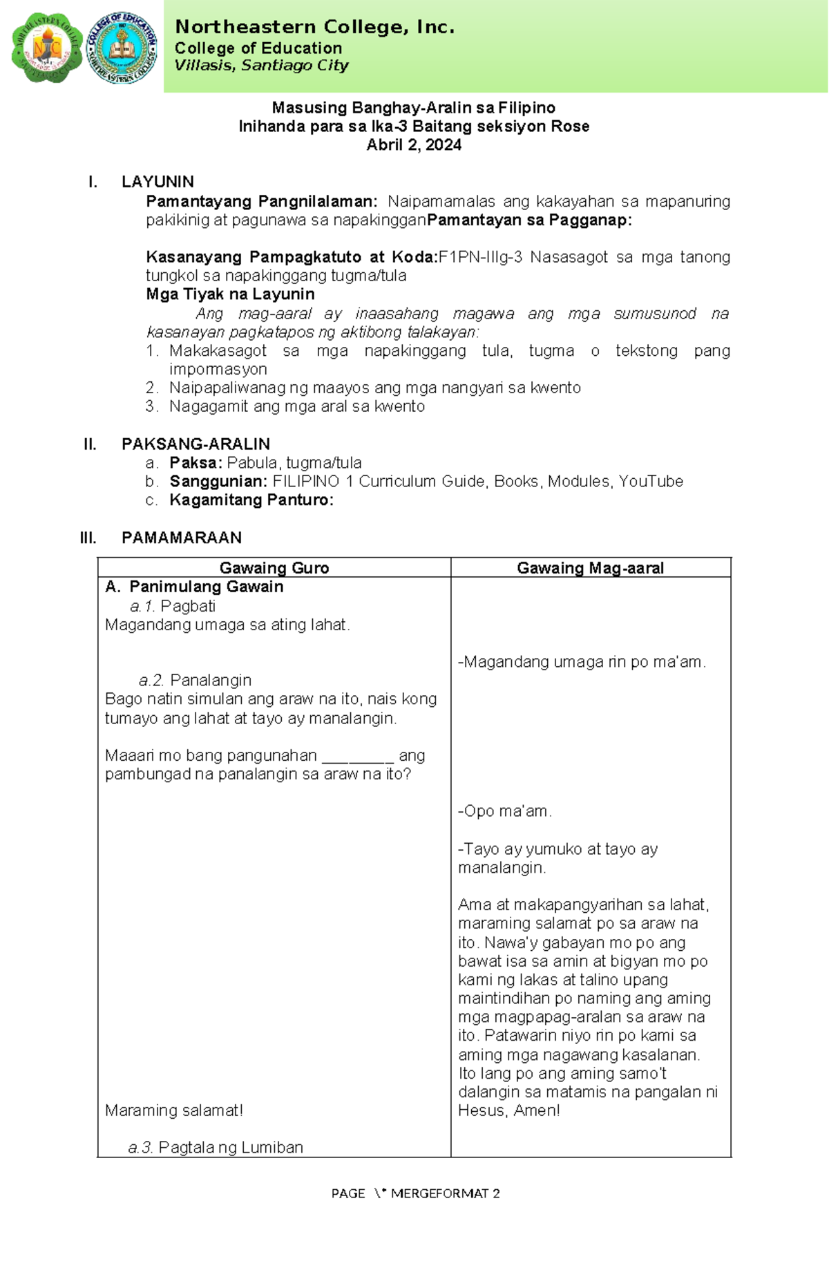 DLP-TULA-FILIPINO 1: Halimbawa ng Plano ng Aralin sa Pabula - Studocu