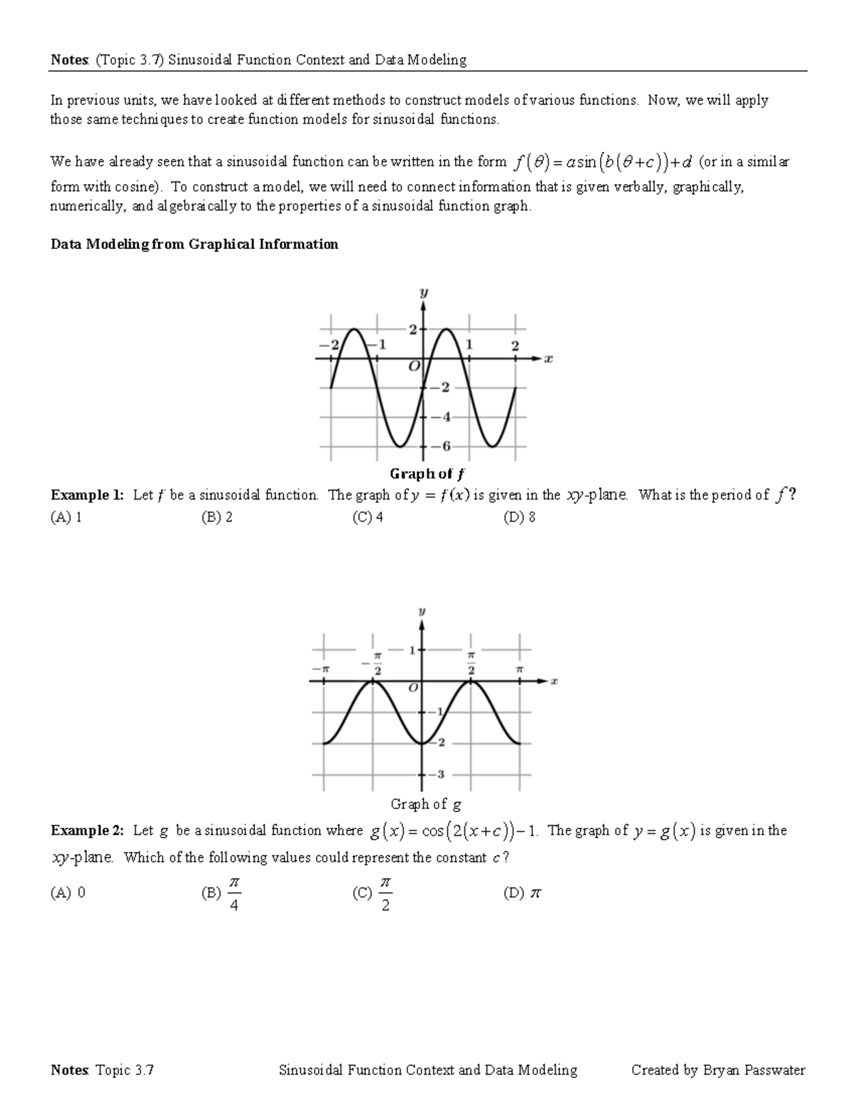 Notes Topic 3.7 Sinusoidal Function Context and Data Modeling - Notes ...
