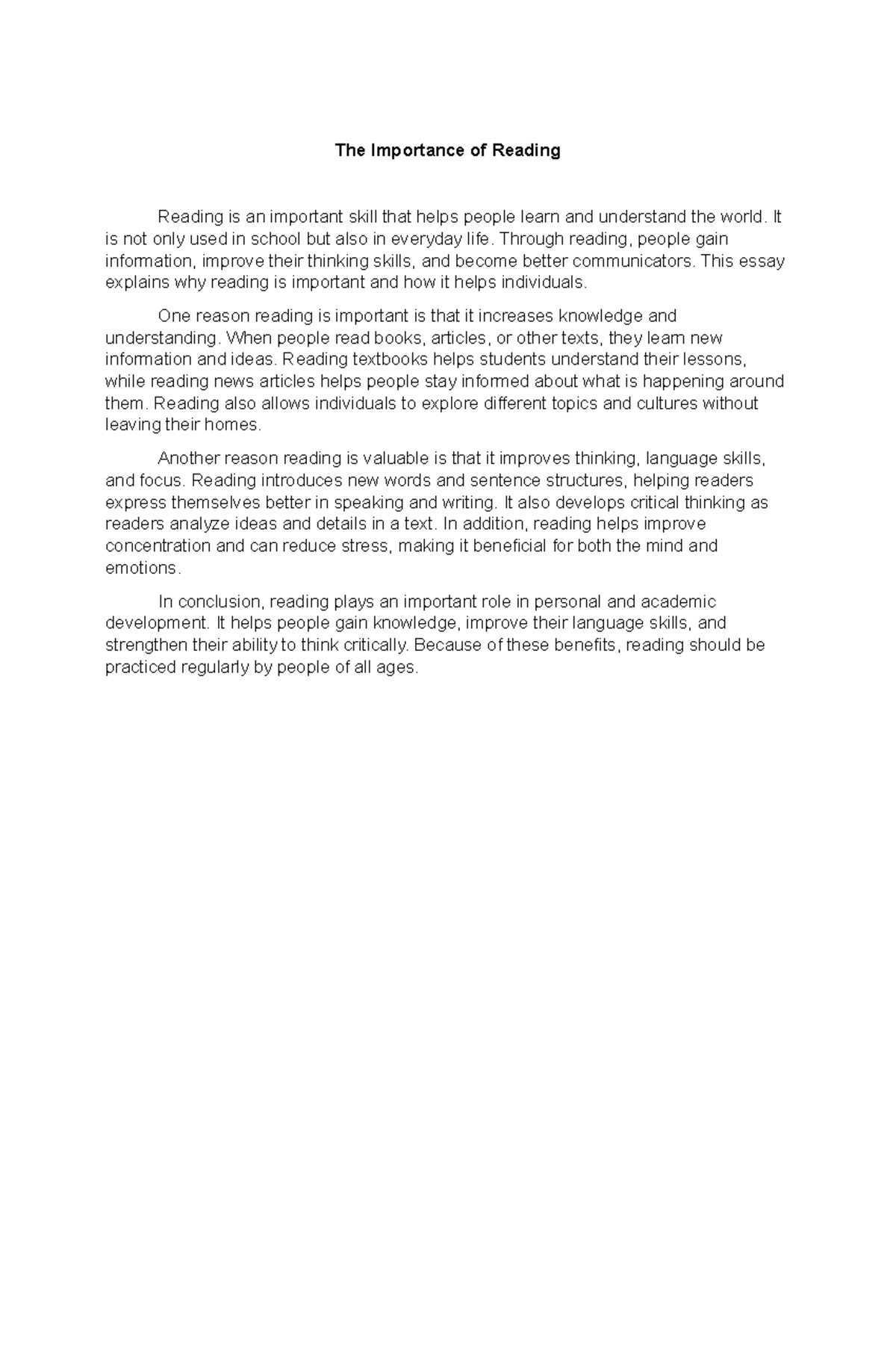 Expository Essay on the Importance of Reading - Studocu
