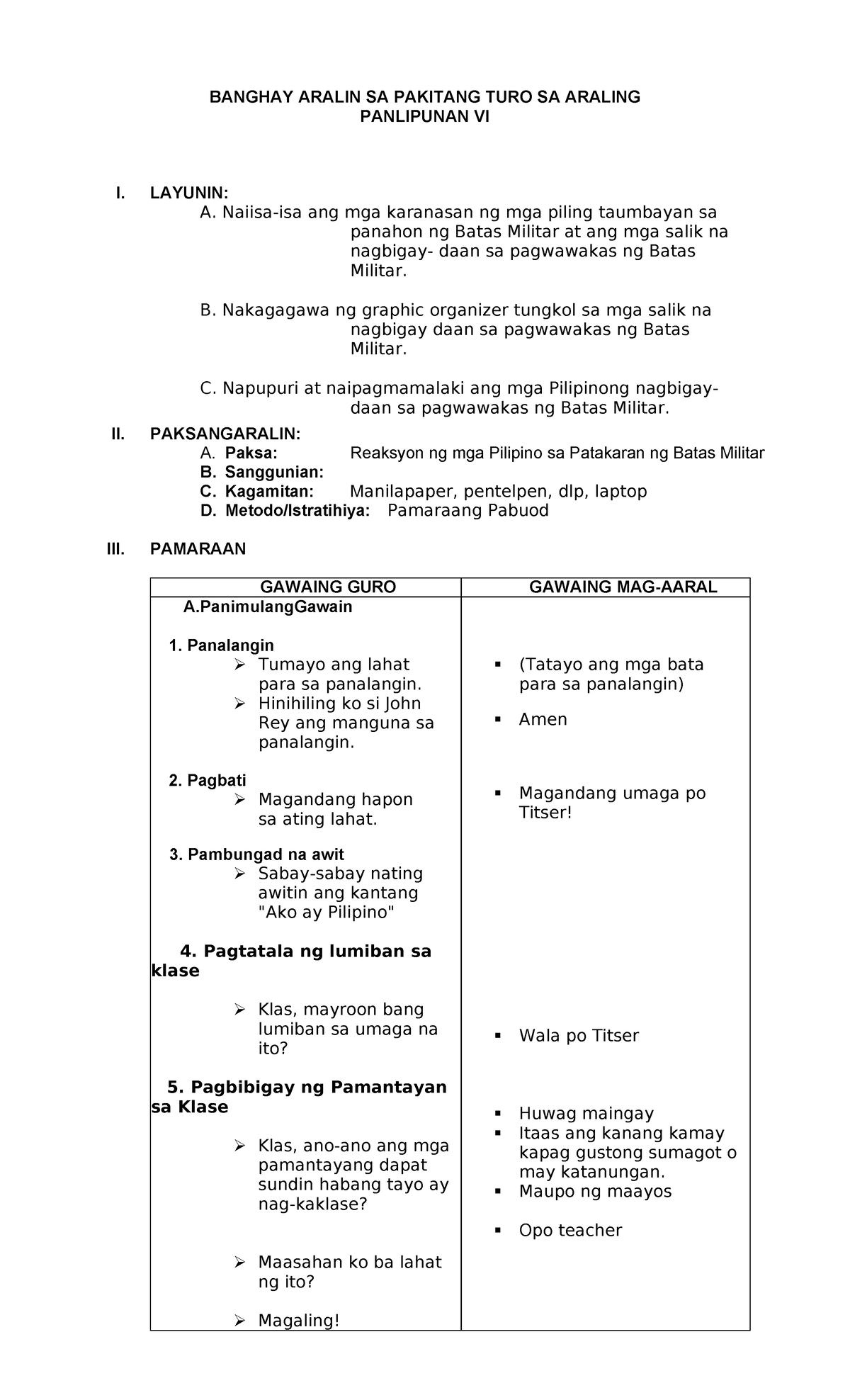 LP2 AP 4As - Lesson Plan on Batas Militar and Filipino Reactions - Studocu