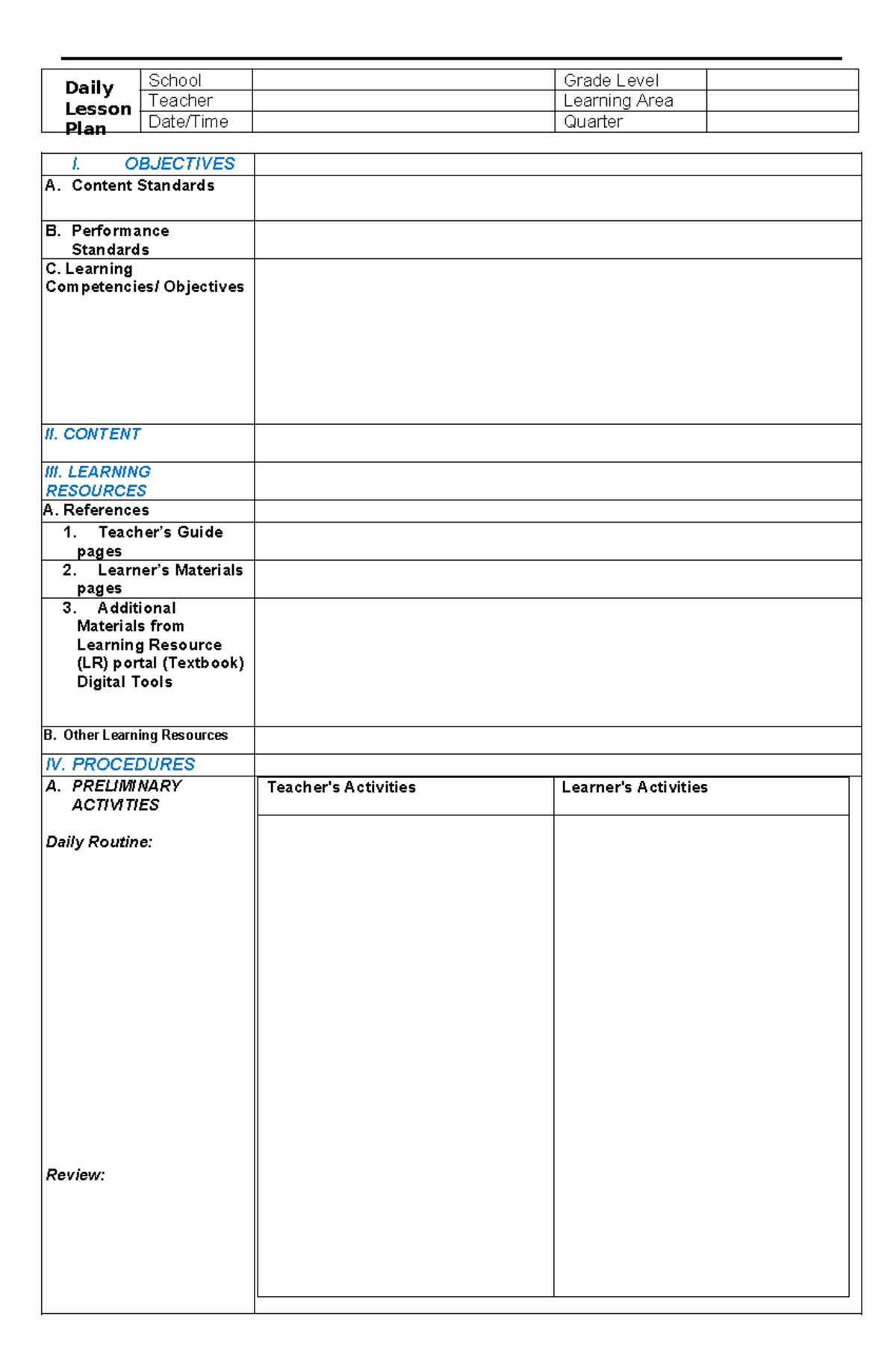 Grade Level Daily Lesson Plan I: Objectives & Activities Overview - Studocu