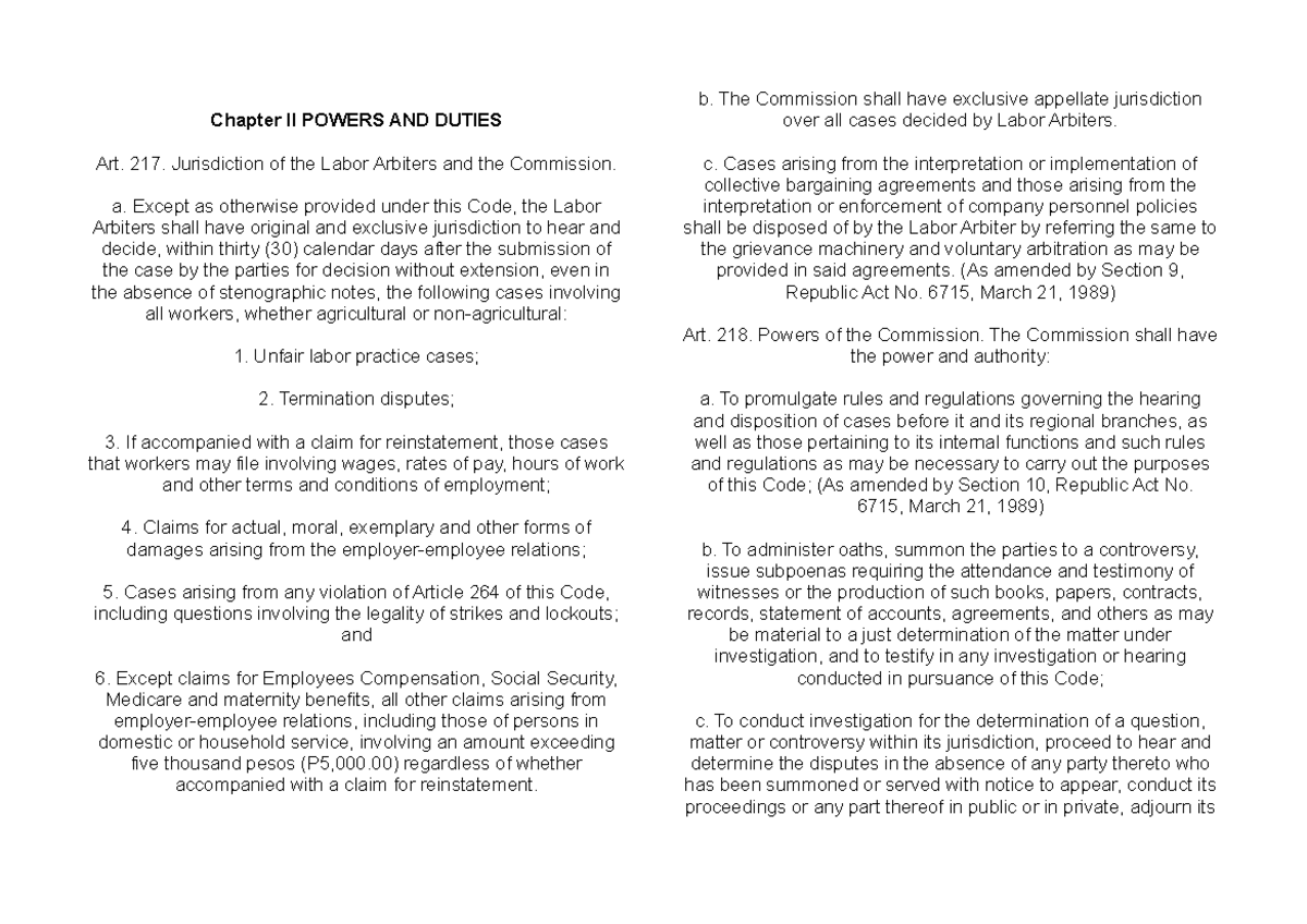 Chapter II: Powers & Duties in Labor Jurisdiction (Art. 217-218) - Studocu