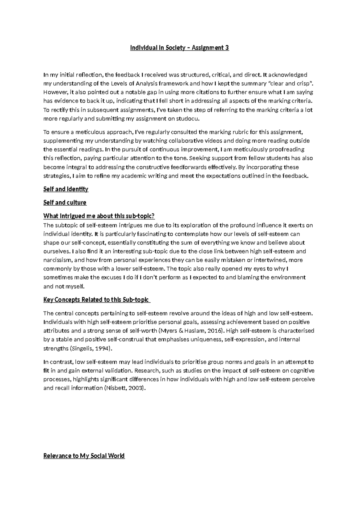 Individual in Society – Reflection and Insights Assignment 3 - Studocu