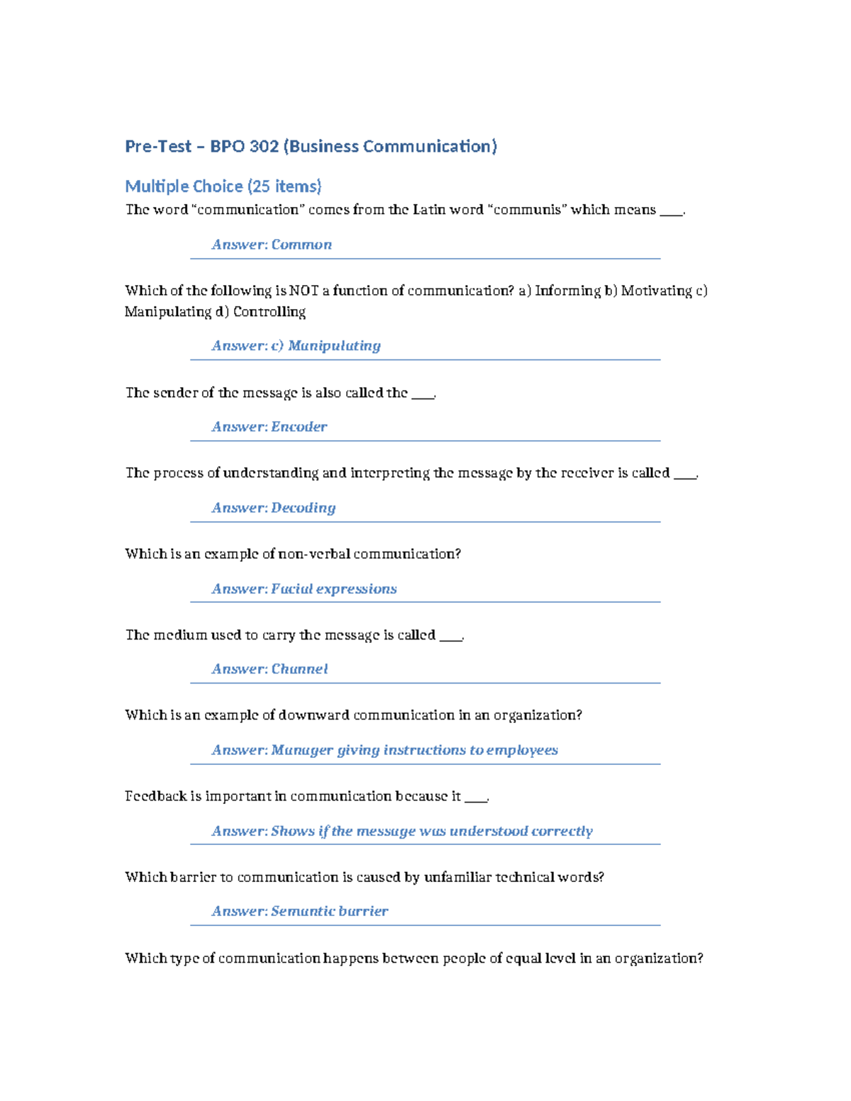 BPO 302 (Business Communication) Pre-Test: MCQs & Key Concepts - Studocu