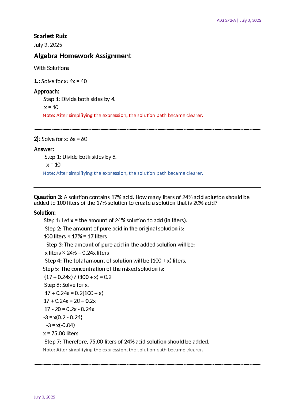 ALG 155-03 Algebra Quiz with Solutions - July 3, 2025 - Studocu