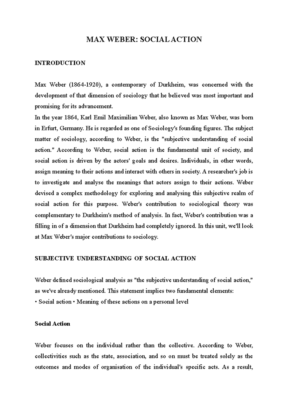 MAX Weber: The Subjective Understanding of Social Action - Studocu
