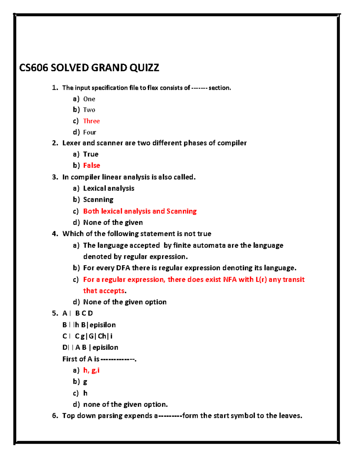 CS606 SOLVED GRAND QUIZ 1 - Compiler Design Concepts - Studocu