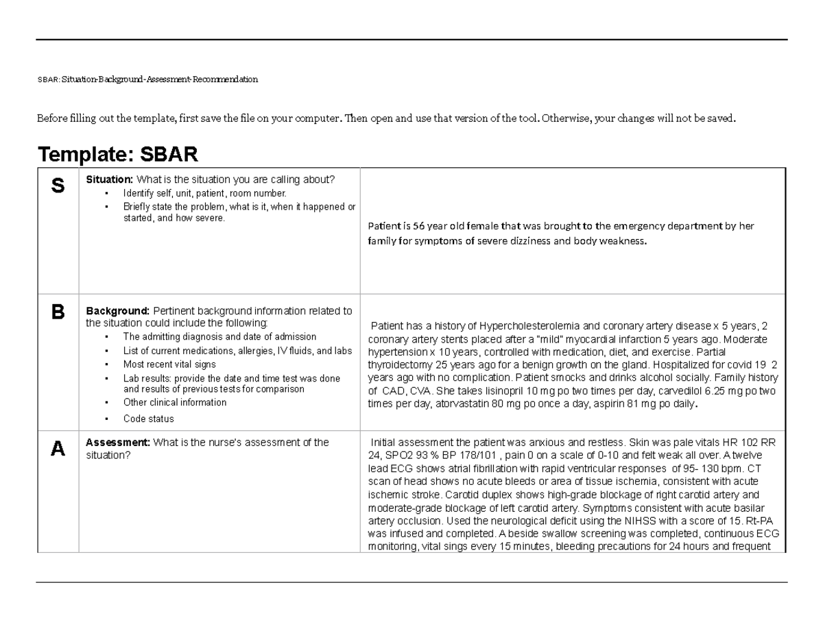 SBAR Template for Clinical Situations: Assessment & Recommendations ...