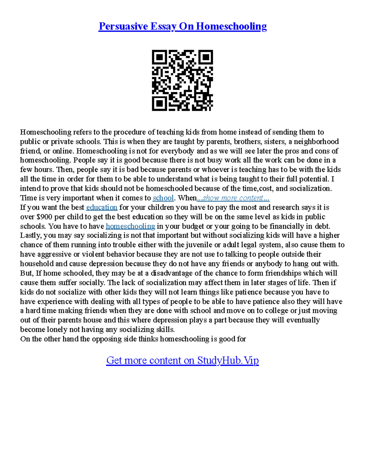 Homeschooling Persuasive Essay: Analyzing Pros and Cons - Studocu