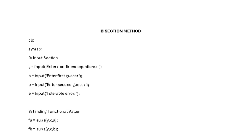 Numerical Methods in MATLAB: BISECTION & NEWTON'S RAPHSON - Studocu