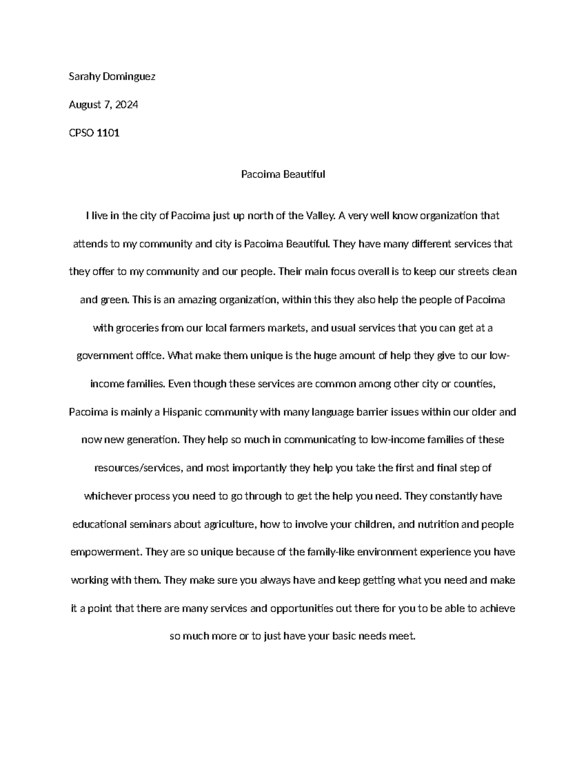 CPSO 1101 Essay: The Impact of Pacoima Beautiful on Community Welfare ...